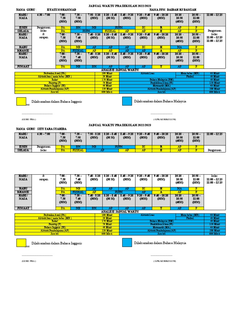 Jadual Waktu Prasekolah 2022 | PDF
