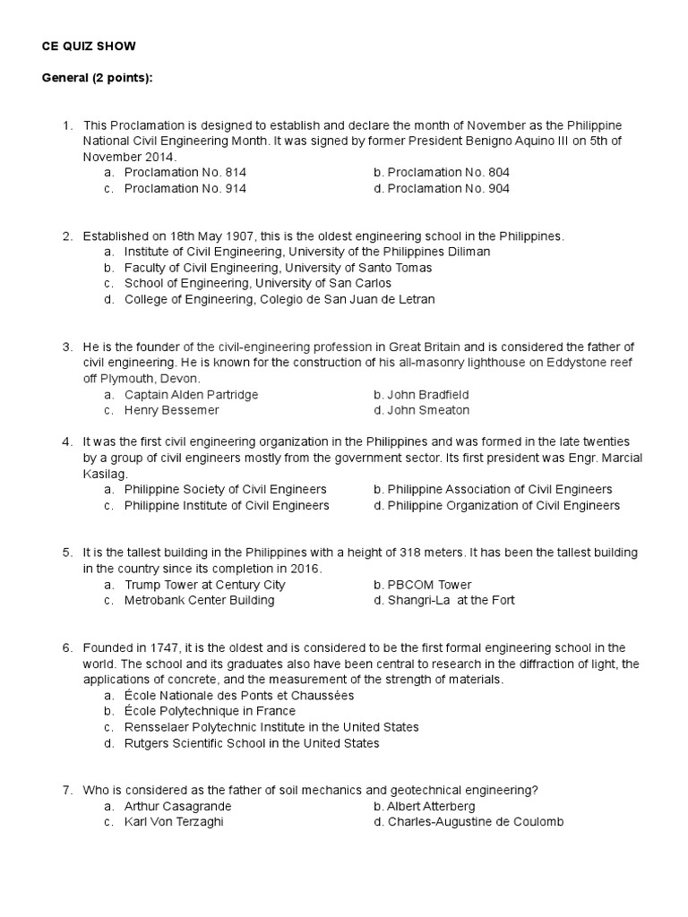 Civil Engineering Quiz for November | PDF | Geotechnical Engineering ...
