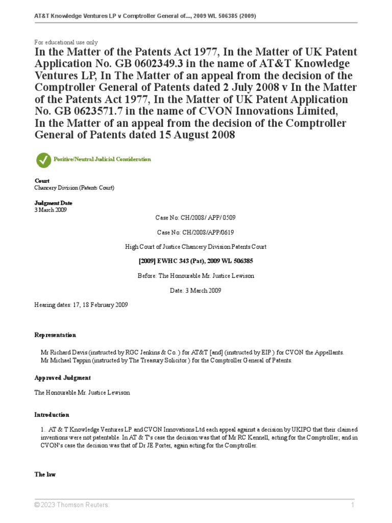 ATAndT Knowledge Ventures LP V Comptroller General of Patents Designs ...