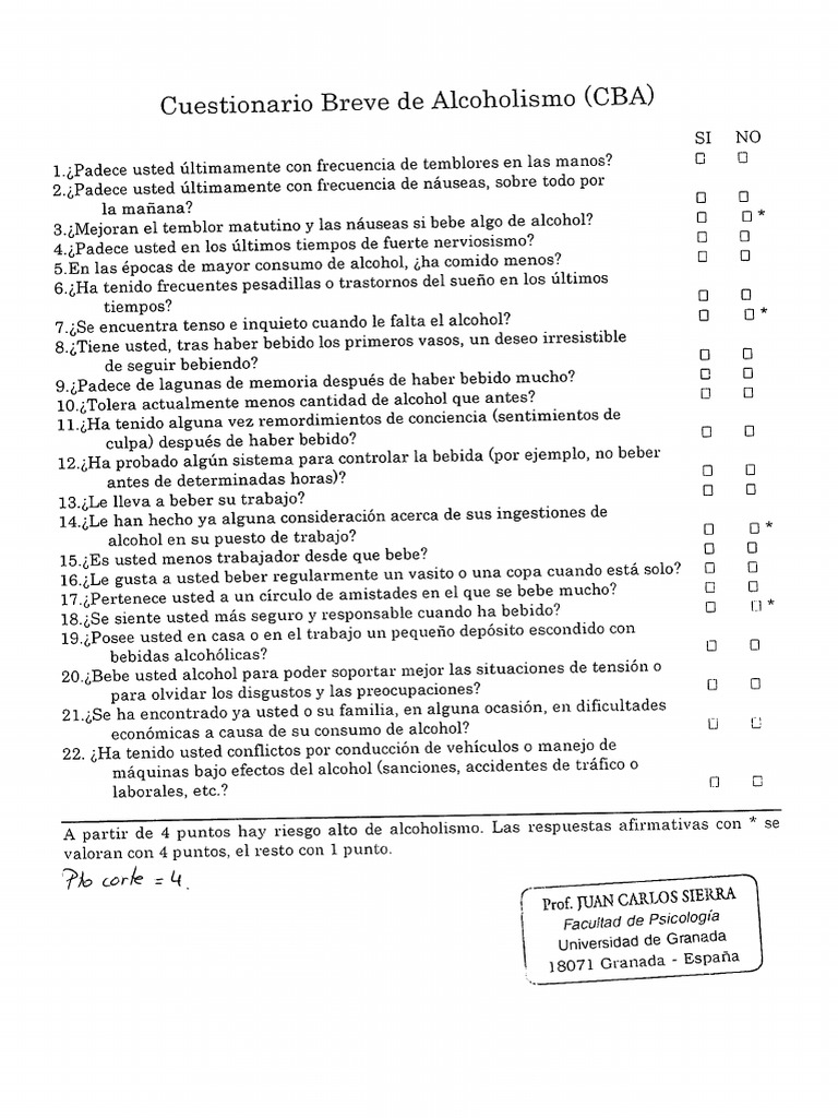Cuestionario Breve de Alcoholismo CBA | PDF