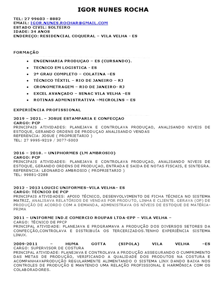 CURRICULO IGOR 2 Atualiza | PDF | Logística | Processo de negócios