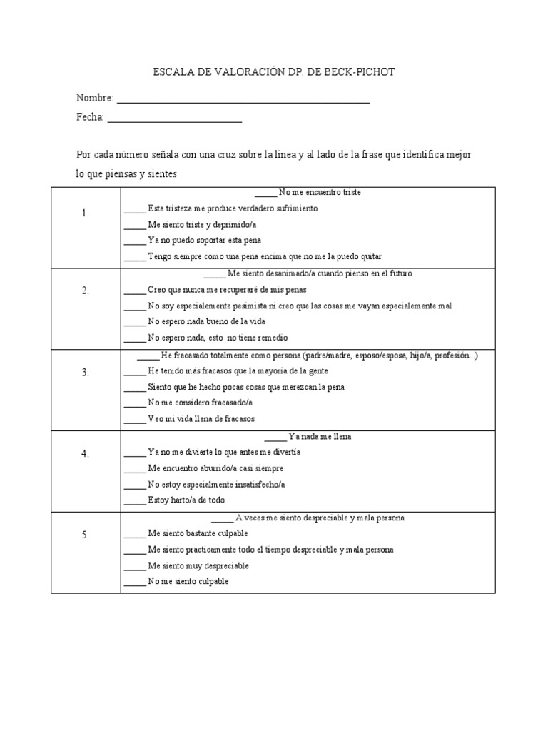 Escala de Valoración Depresión de Beck-Pichot | PDF