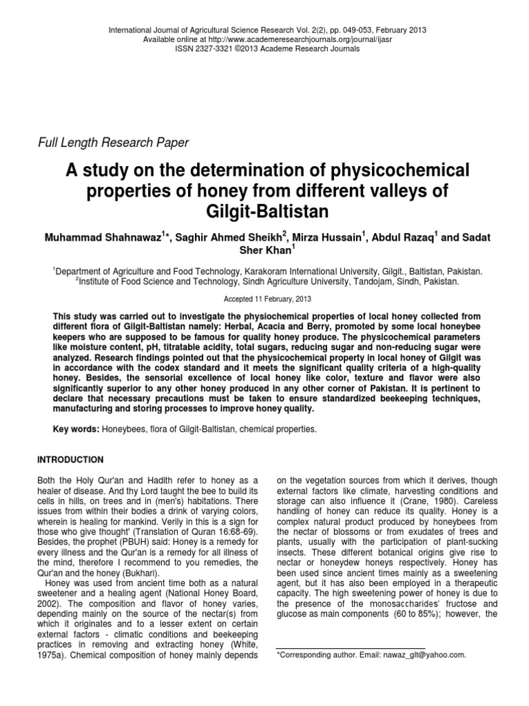 A Study On The Determination of Physicochemical Properties of Honey From Different Valleys of ...