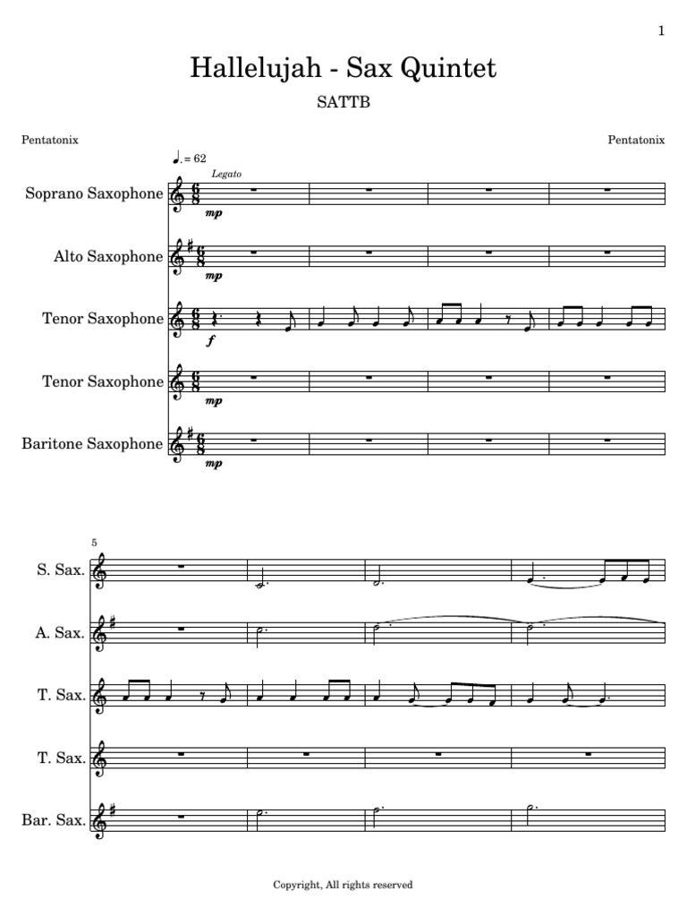 Hallelujah - Sax Quintet | PDF | Saxophone | Woodwind Instruments