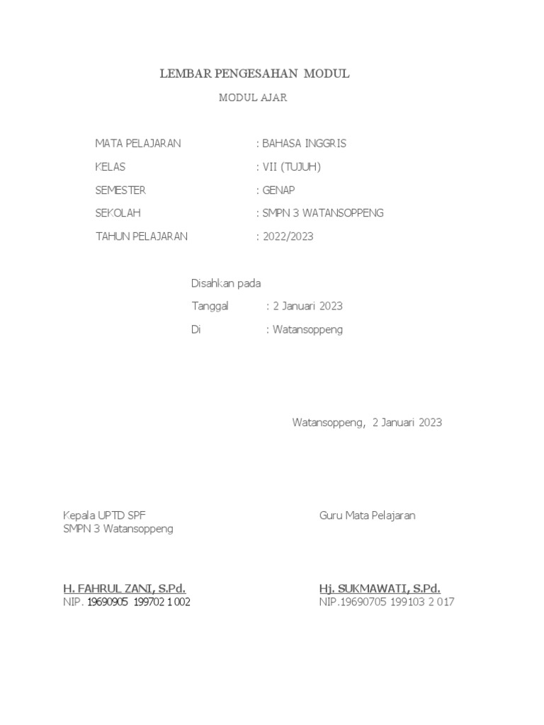 Lembar Pengesahan Modul KLS 7 | PDF