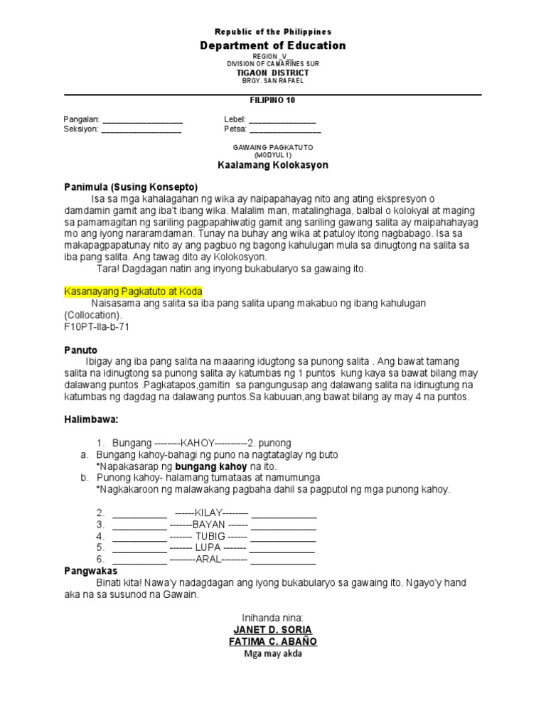 Department of Education: Kaalamang Kolokasyon Panimula (Susing Konsepto) | PDF