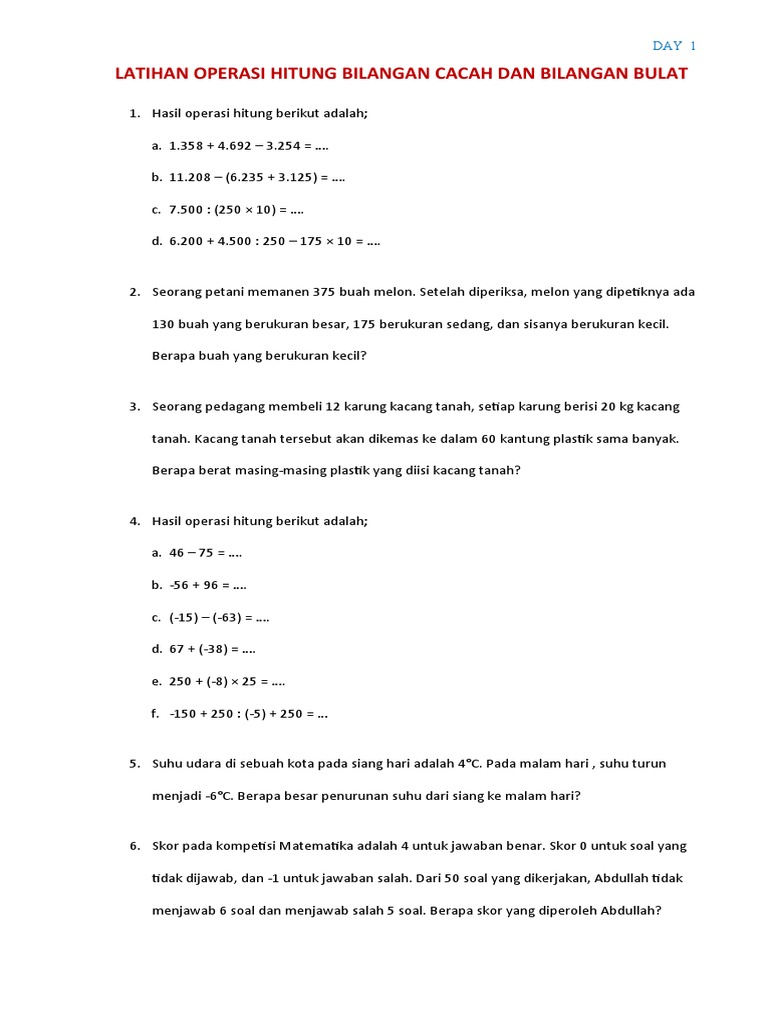 Day 1 LATIHAN OPERASI HITUNG BILANGAN CACAH DAN BILANGAN BULAT | PDF