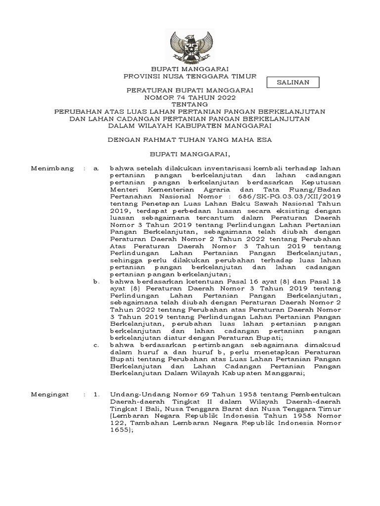 Perbup NMR 74 THN 2022 TTG Perubahan Atas LP2B Dan LCP2B Pertanian | PDF