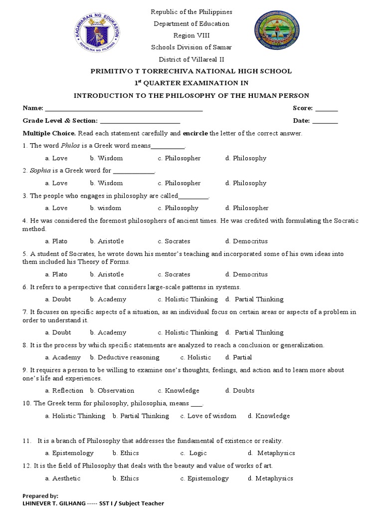 1st Quarter Exam: Philosophy Basics | PDF | Epistemology | Metaphysics