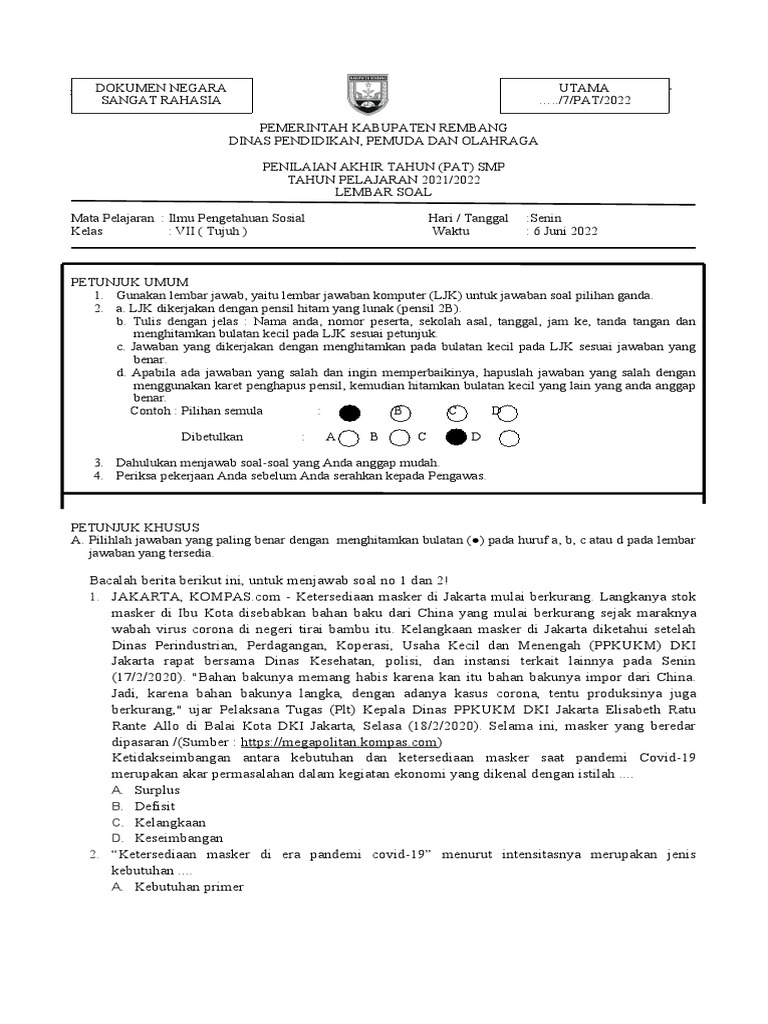 Soal Utama Kelas 7 2021-2022 | PDF