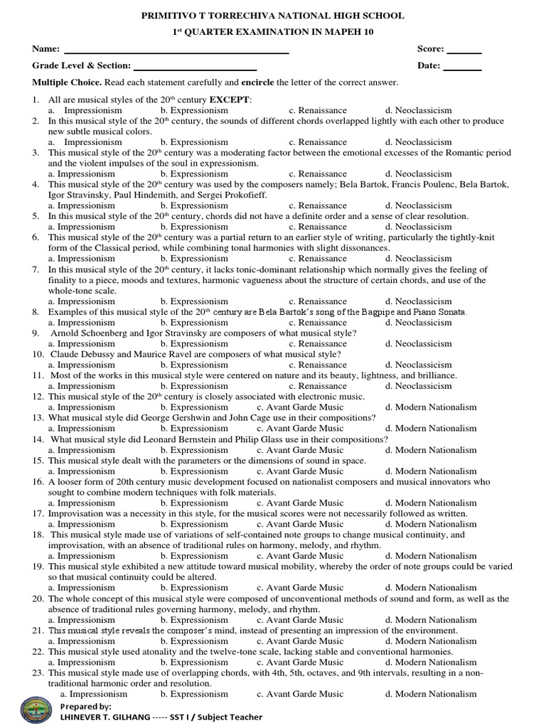 Q1 Exam Mapeh10 Final | PDF | Harmony | Expressionism