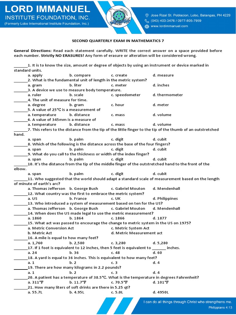 Maths 7 Quarterly Exam | PDF | Variable (Mathematics) | Numbers