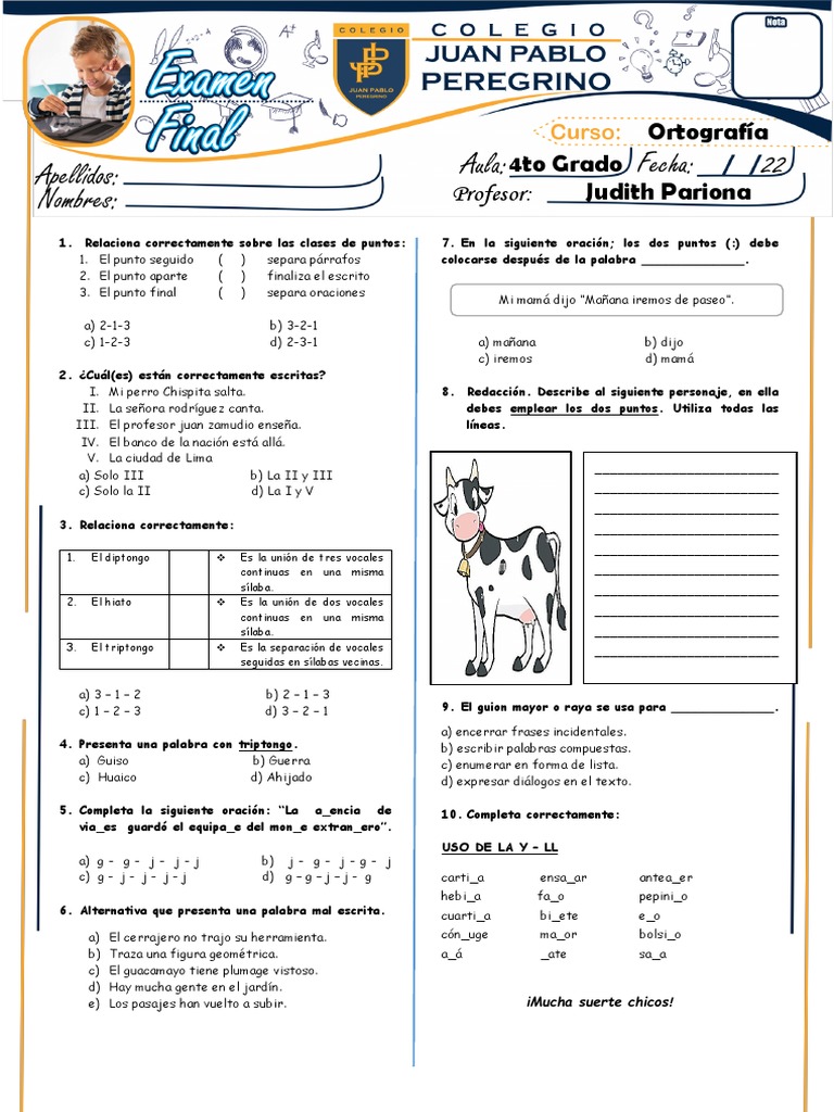 Examen Final ORTOGRAFÍA 4TO GRADO | PDF | Fonética | Lingüística