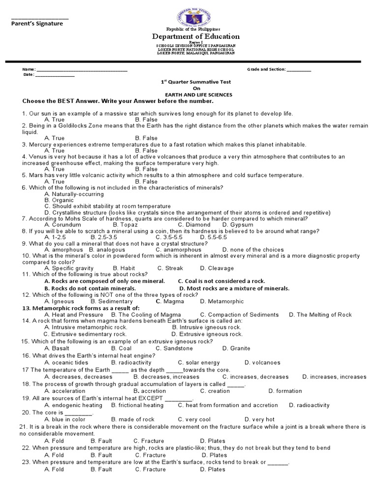 Goldilocks Planet: Earth Science Test | PDF | Rock (Geology) | Fault ...