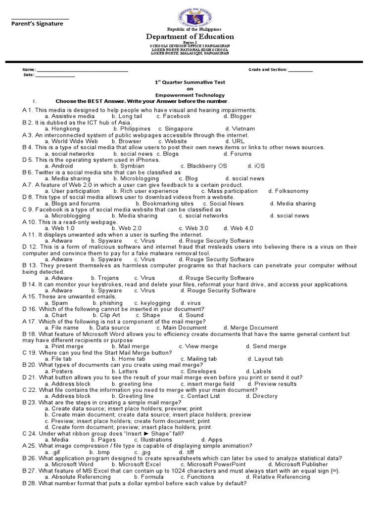 Empowerment Technology Summative Test | PDF | Computer Virus | Malware