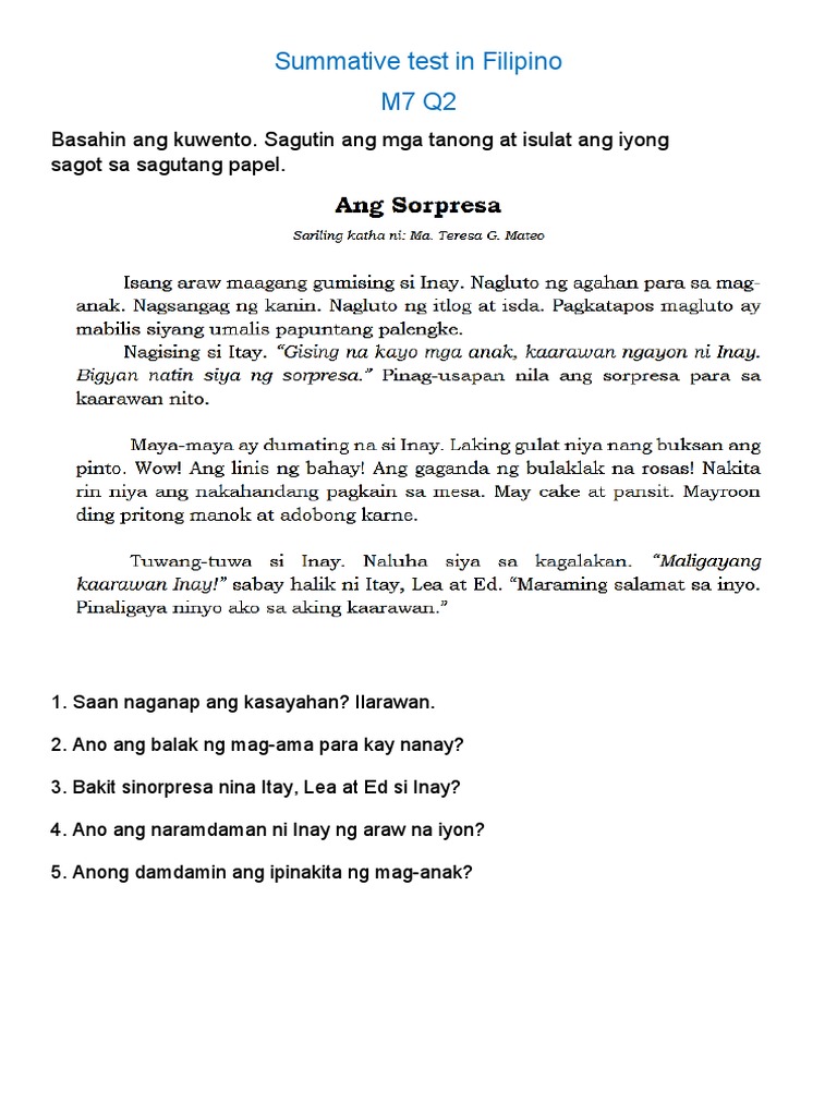 Summative Test in Filipino 6 M7 | PDF