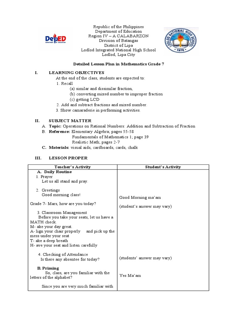 Grade 7 Lesson Plan: Adding Fractions | PDF | Elementary Mathematics ...