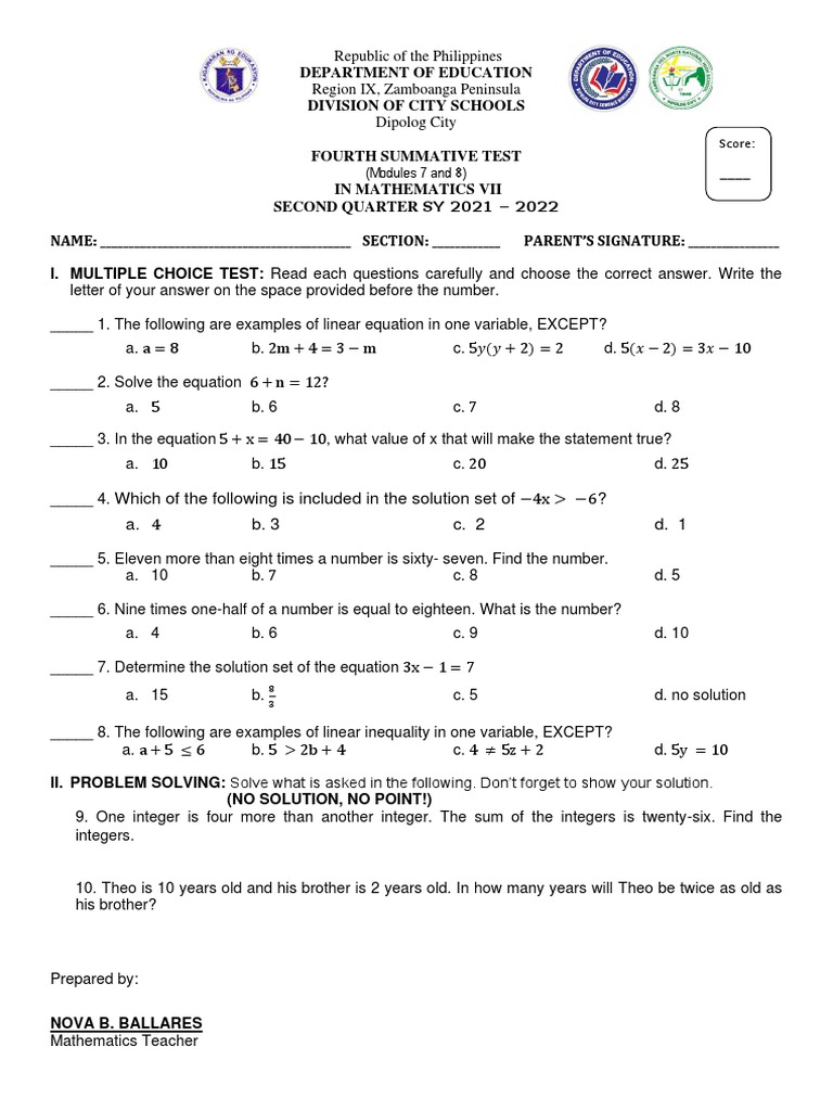 Math VII Fourth Summative Test 2021-2022 | PDF | Equations | Mathematics