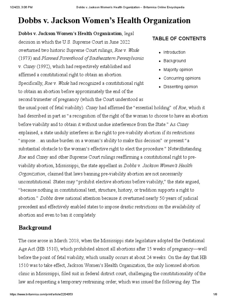 Dobbs v. Jackson Women's Health Organization - Britannica Online ...