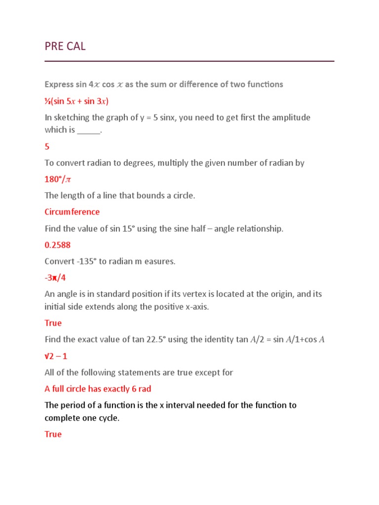 Pre Cal Exam Quarter 2 | PDF | Angle | Trigonometric Functions