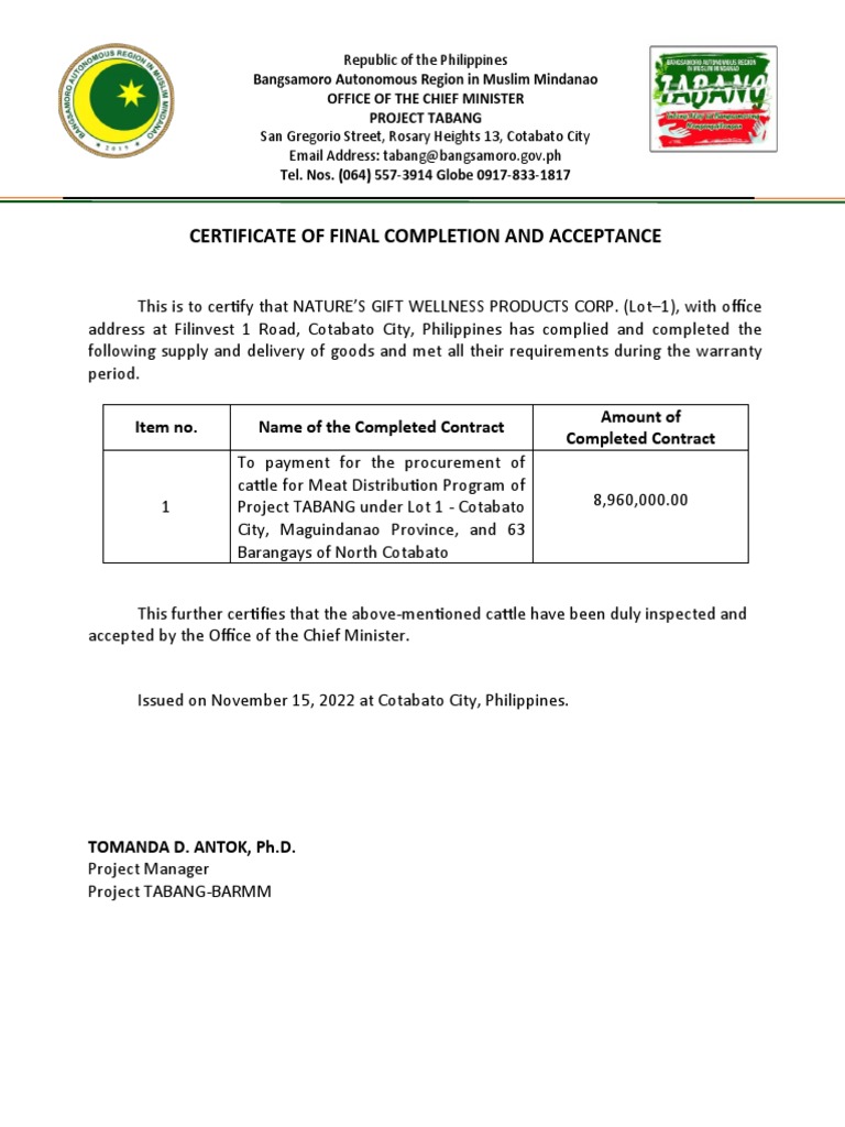 Certificate of Final Copletion and Acceptance | PDF