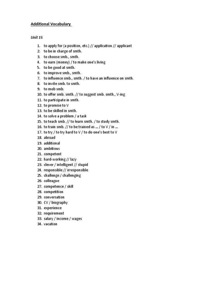 Additional Vocabulary Unit 15 | PDF | Career & Growth