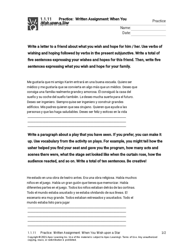 Spanish 3 1.1.11 Practice - Written Assignment - When You Wish Upon A ...