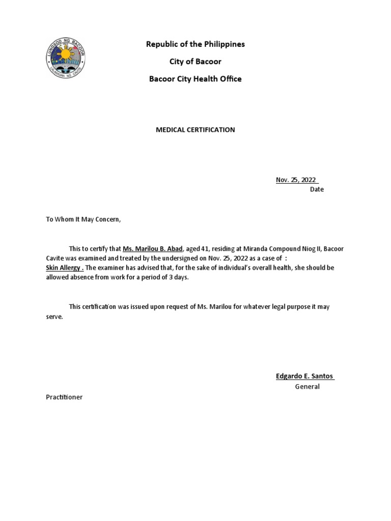 Medical certificate for 3-day work absence | PDF