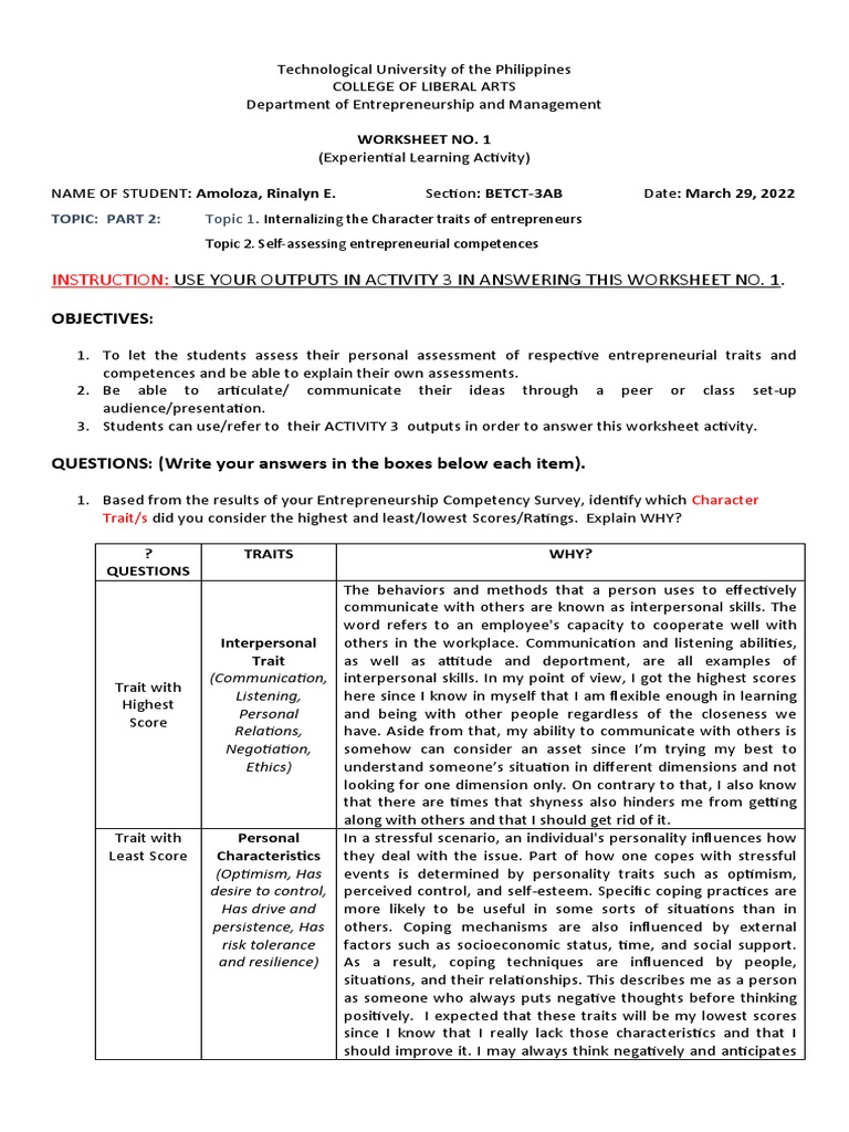 Worksheet No. 1. Assessing Entrep Traits and Competences | PDF ...