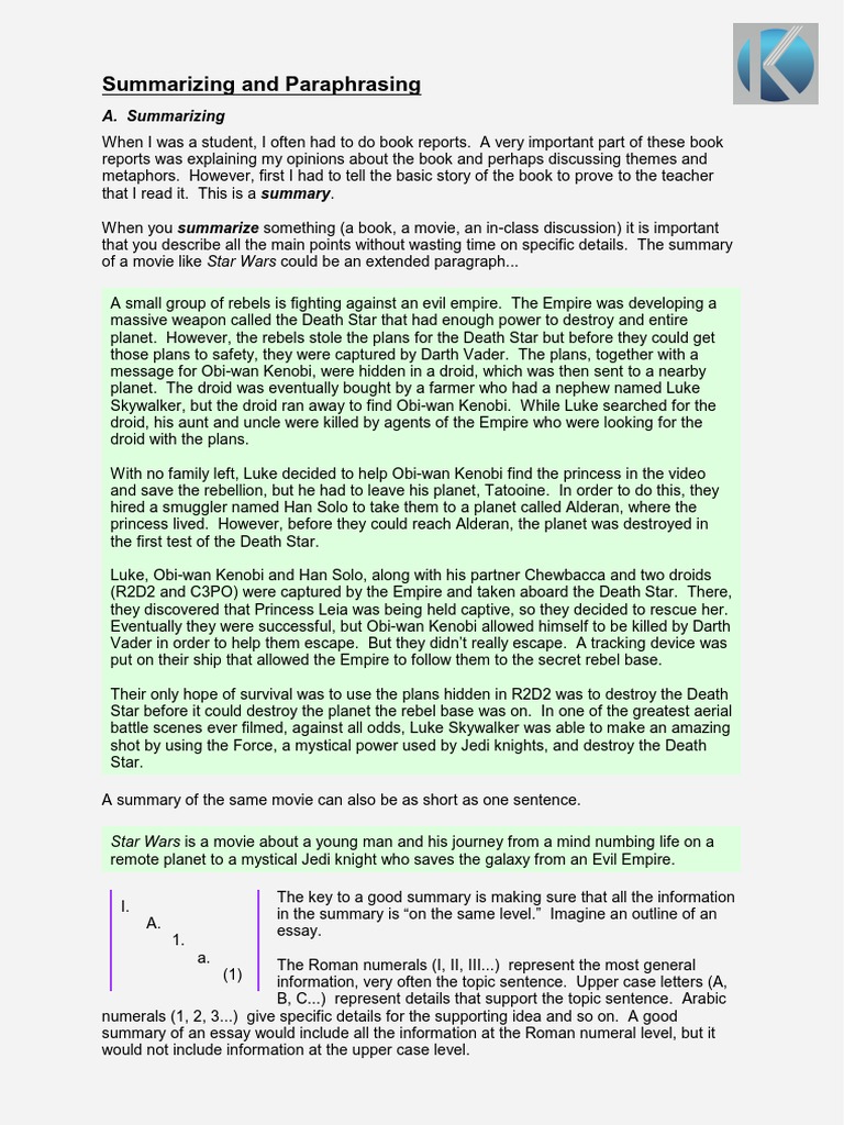 Summarizing and Paraphrasing Techniques | PDF | Luke Skywalker | Obi ...