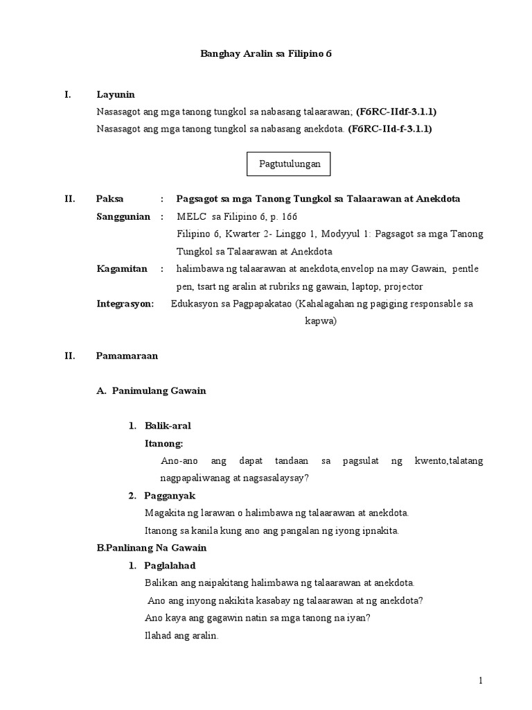 Lesson Plan in Filipino 6 For Co 2nd Q | PDF