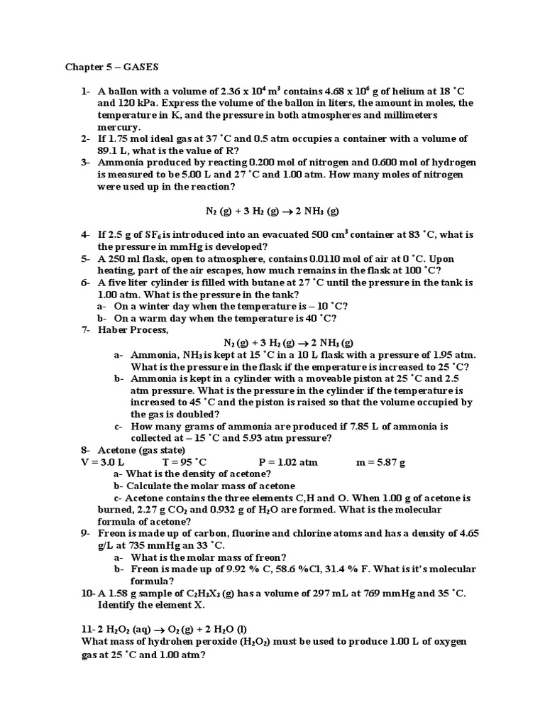 Chapter 5 Gases HW Questions | PDF | Gases | Mole (Unit)