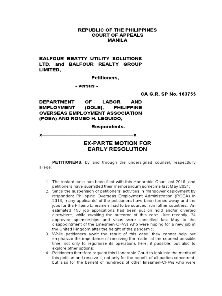 Ex Parte Motion For Early Resolution Balfour Beatty Lequido CA Revised | PDF | Judiciaries ...