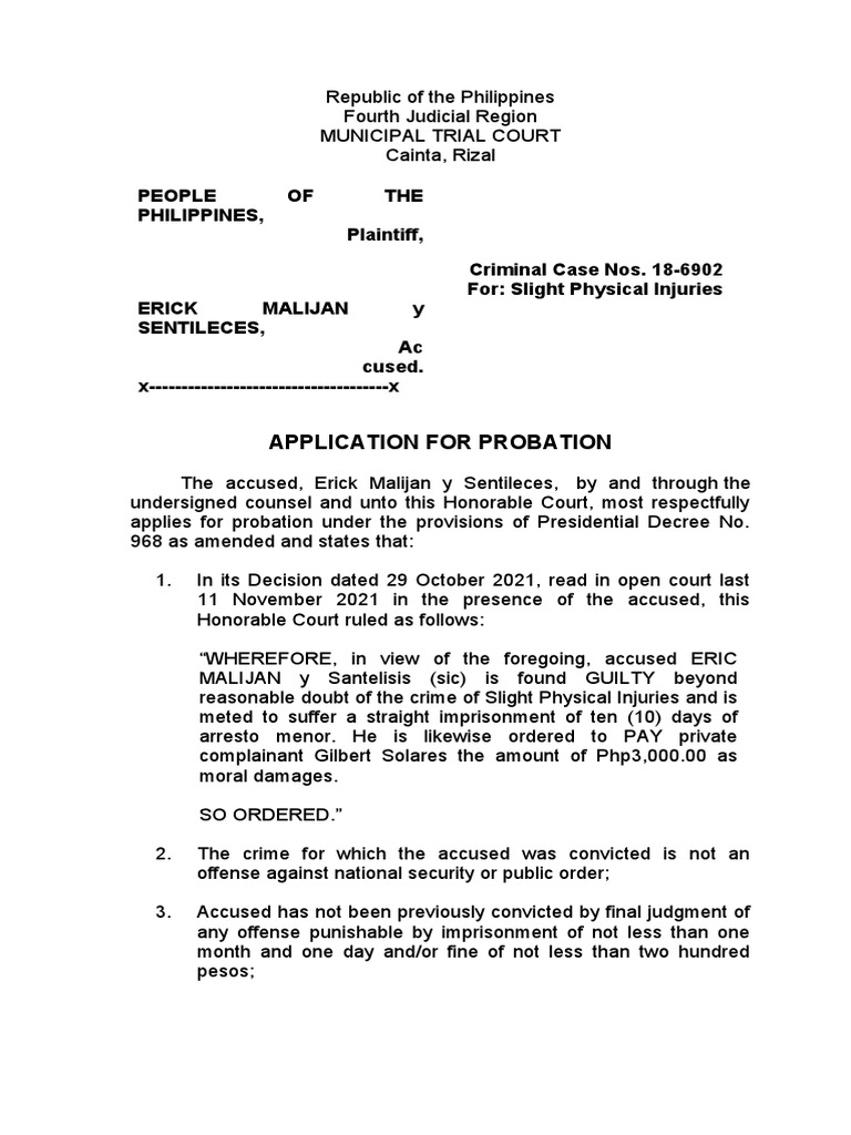 Application For Probation Erick Malijan | PDF | Crimes | Crime & Violence