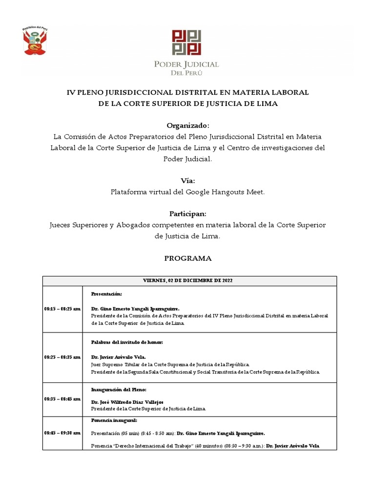 Programa - IV Pleno Jurisdiccional Distrital en Materia Laboral de La CSJL-1 | PDF | Derecho