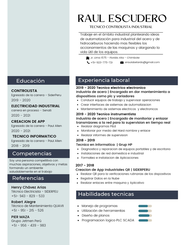Curriculum CV RAUL ABELARDO ESCUDERO TANTAS | PDF | Controlador lógico programable | Edad de ...