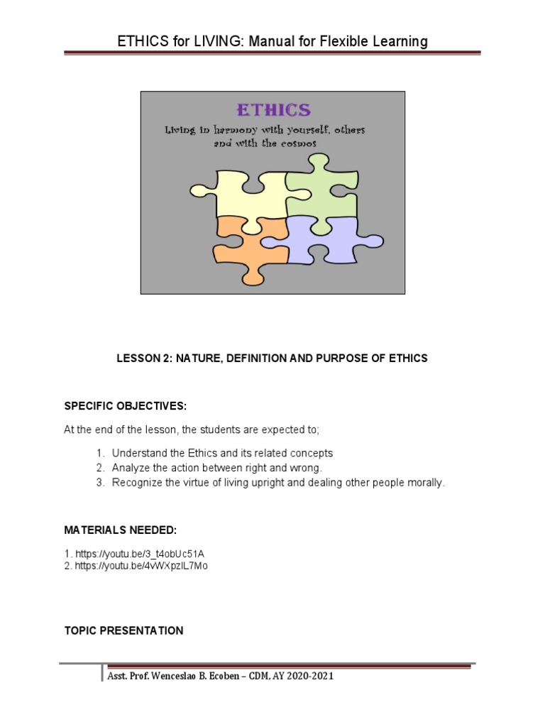 Lesson 2 Nature, Definition and Purpose of Ethics | PDF | Morality ...