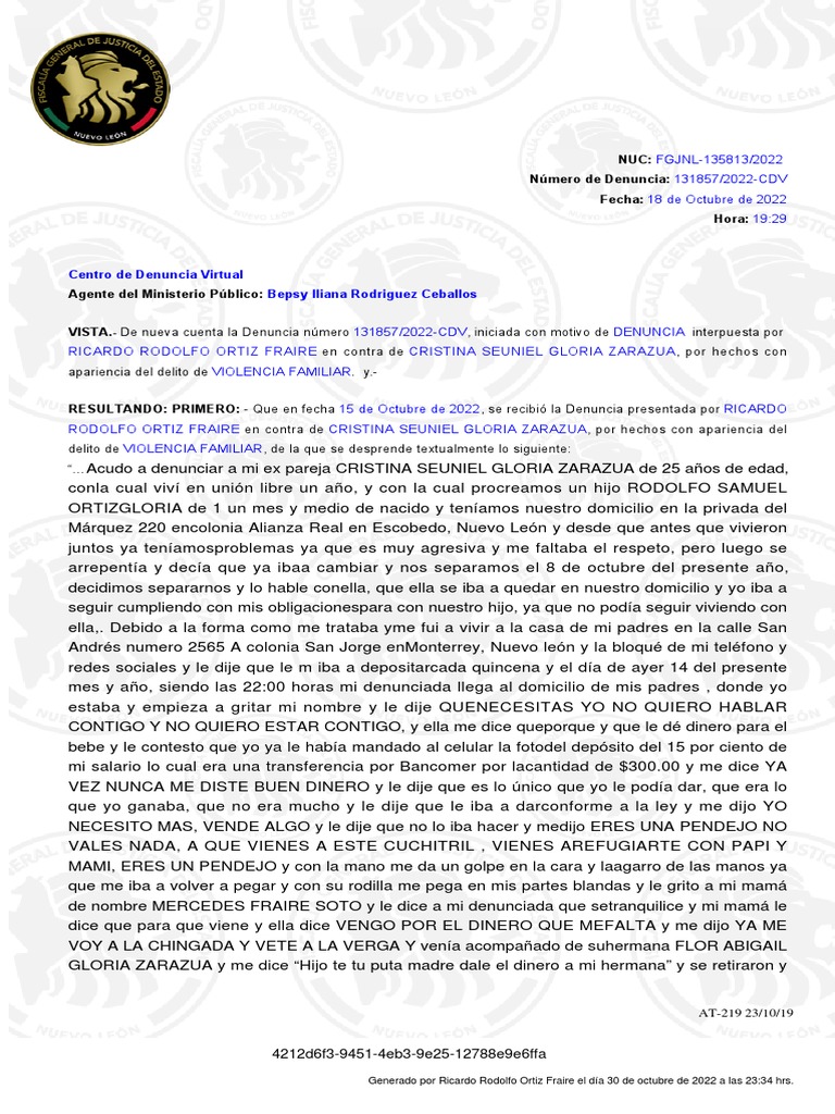 Nuc: Número de Denuncia: Fecha: Hora:: Centro de Denuncia Virtual Bepsy ...