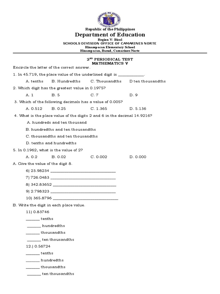 2ND Quarter Exam Math V | PDF | Encodings | Notation