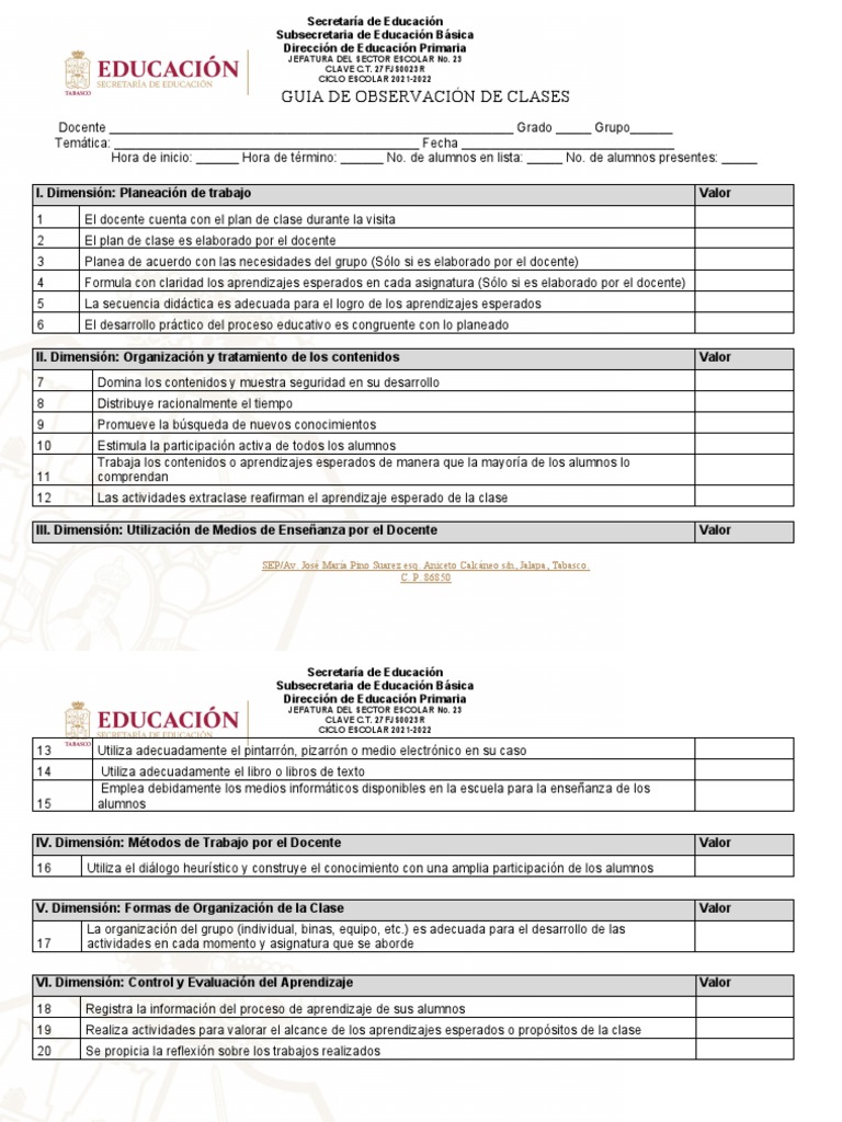 Guia De Observación De Clases 1 Pdf Educación Primaria Método De