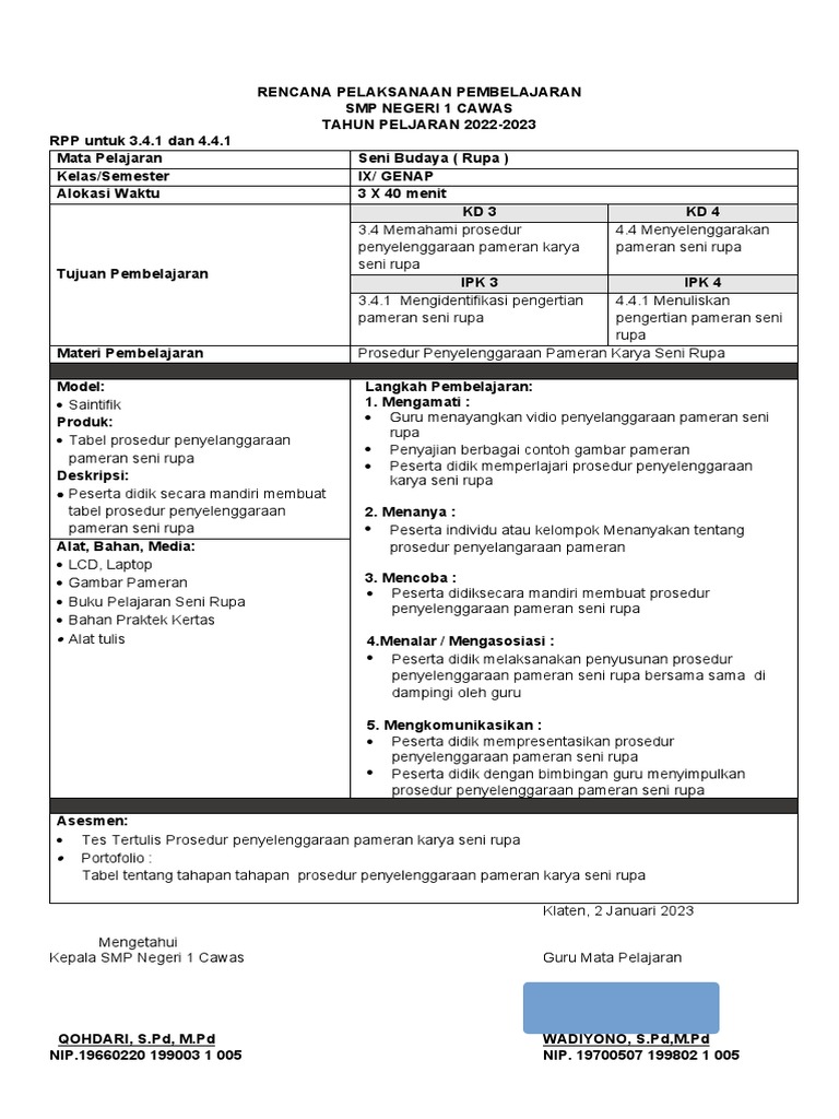 RPP Kelas Ix Seni Rupa Sem 2.4 Pameran | PDF