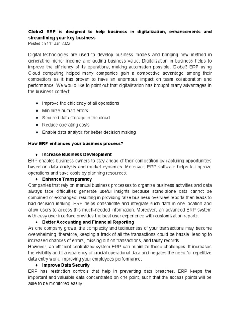 Globe3 - Introduction To Globe3 ERP | PDF | Enterprise Resource ...