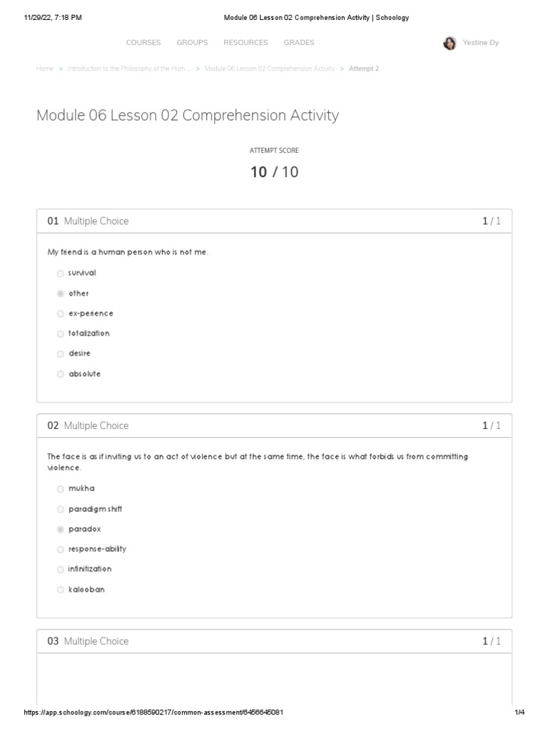 Module 06 Lesson 02 Comprehension Activity - Schoology | PDF