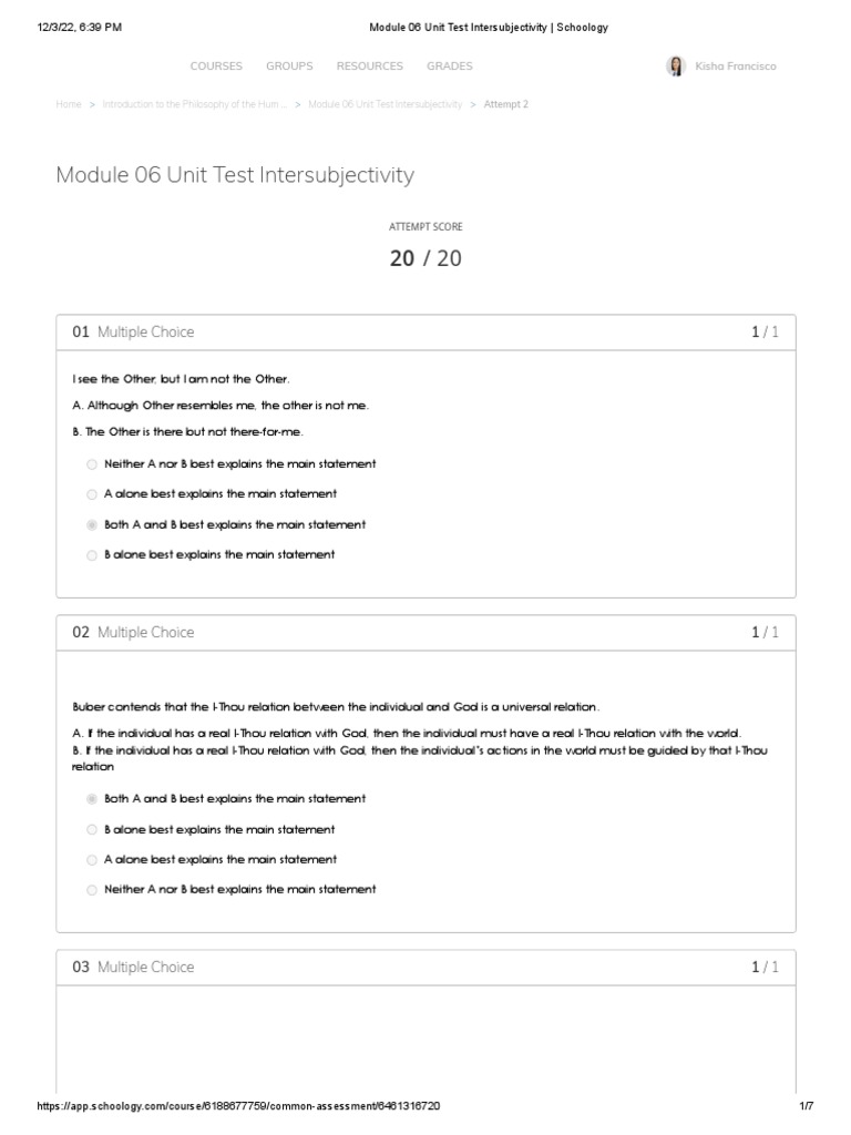 Module 06 Unit Test Intersubjectivity - Schoology | PDF | Philosophical ...