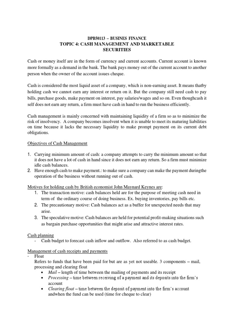 Topic 4 - Cash Management & Marketable Securities | PDF | Negotiable ...
