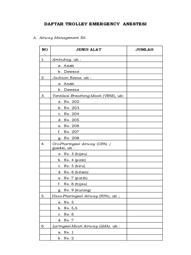 Anestesi Emergency Trolley List | PDF