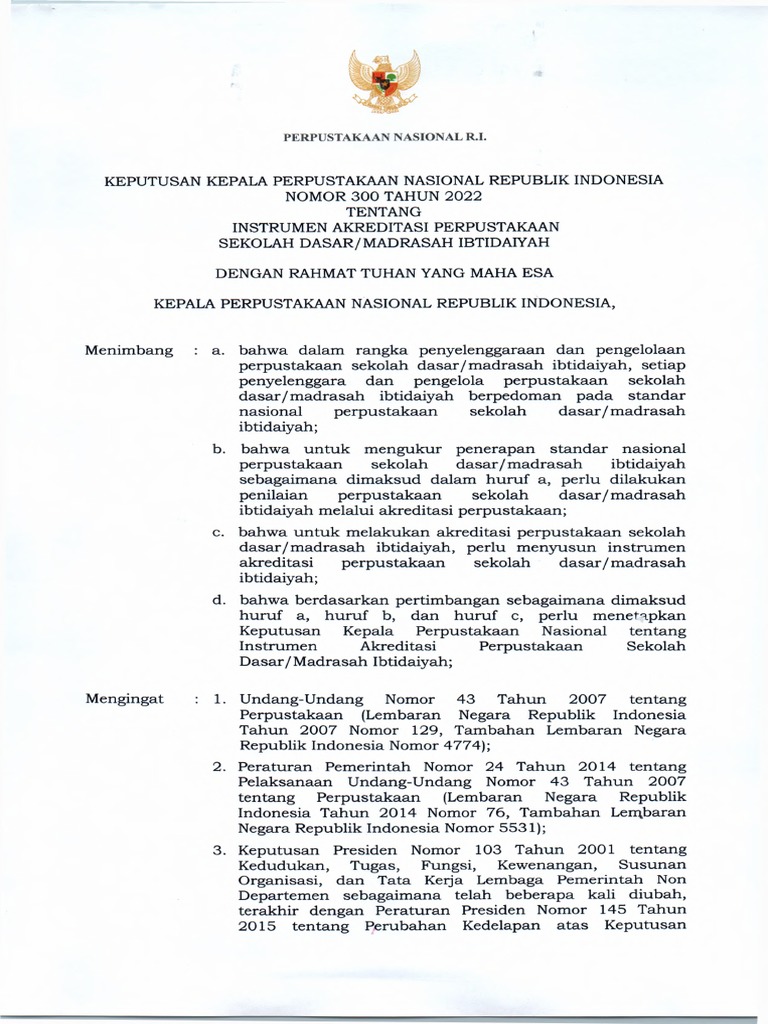 SK 300 Instrumen Akreditasi Perpustakaan Sekolah Dasar Madrasah Ibtidaiyah | PDF