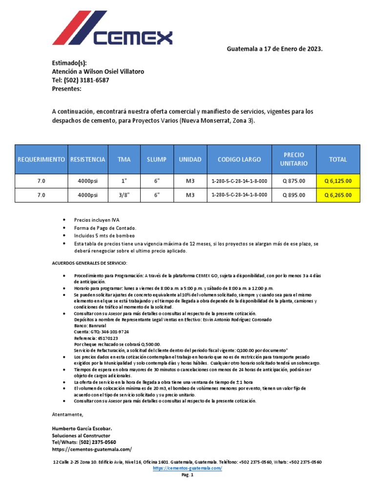 COTIZACIÓN CEMEX-TOLTECA GUATEMALA 14578965170123 Efectivo | PDF