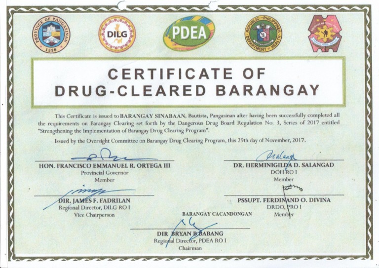 Sinabaan Drug Cleared Certificate | PDF