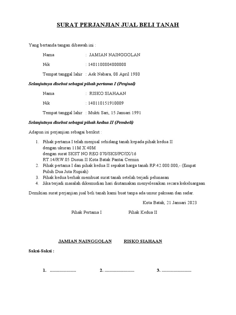 Surat Perjanjian Jual Beli Tanah | PDF